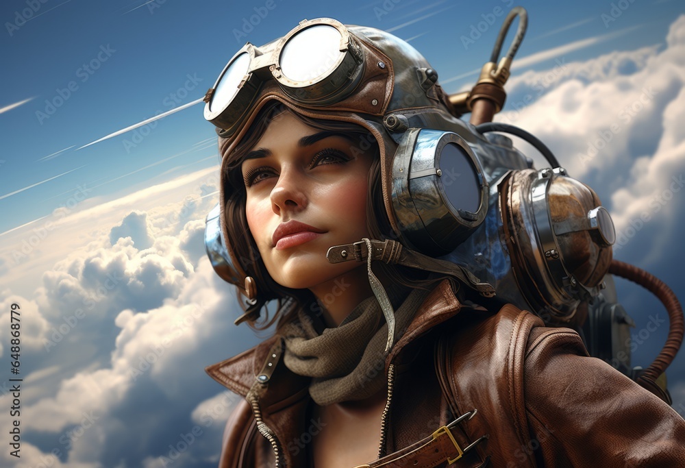 Fantasy illustraiton of a Beautiful woman pilot flying above the clouds ...