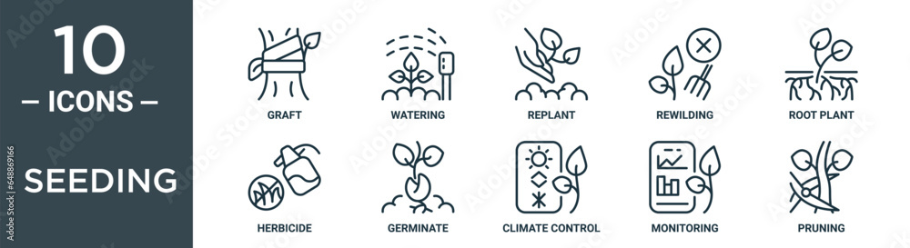 seeding outline icon set includes thin line graft, watering, replant ...