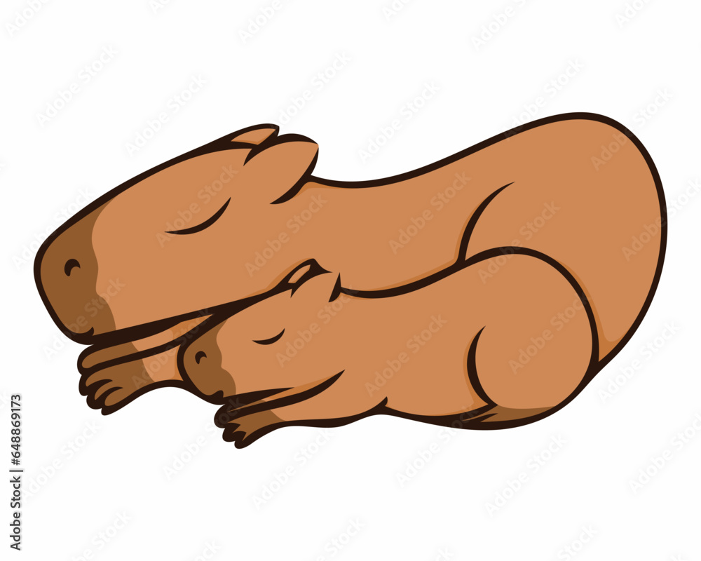 Vector illustration. Capybara sleeps with her baby. Image isolated on ...