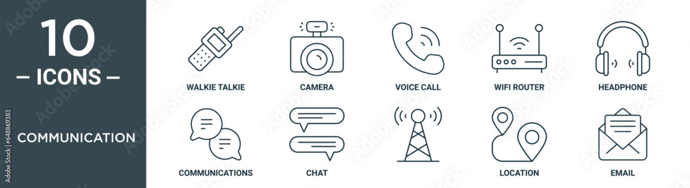 communication outline icon set includes thin line walkie talkie, camera ...