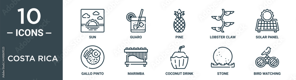 costa rica outline icon set includes thin line sun, guaro, pine ...