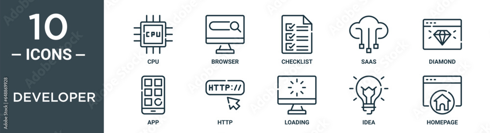 developer outline icon set includes thin line cpu, browser, checklist ...
