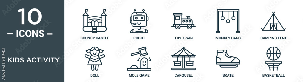 kids activity outline icon set includes thin line bouncy castle, robot ...