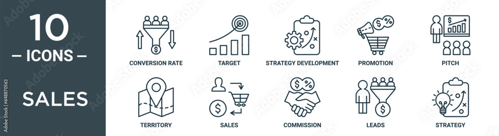 sales outline icon set includes thin line conversion rate, target ...