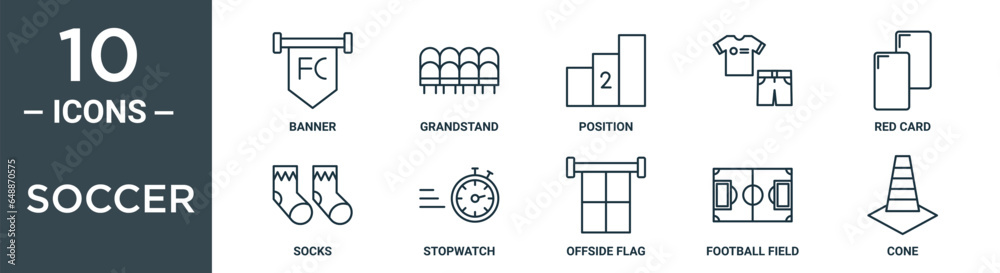 Vetor de soccer outline icon set includes thin line banner, grandstand ...