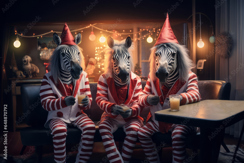 Abstract modern zebras sitting in a living room dressed in Christmas ...