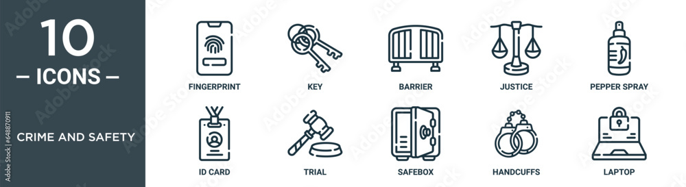 crime and safety outline icon set includes thin line fingerprint, key ...