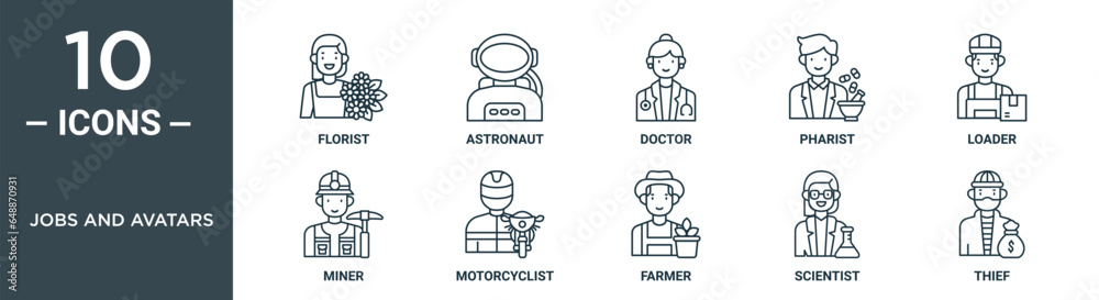 jobs and avatars outline icon set includes thin line florist, astronaut ...