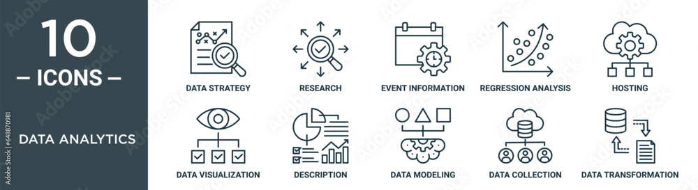 Vetor de data analytics outline icon set includes thin line data strategy, research, event ...
