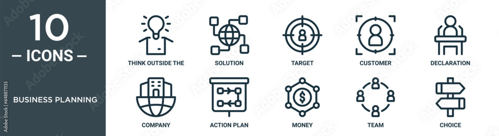 Vetor de business planning outline icon set includes thin line think outside the box, solution ...