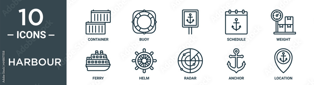 harbour outline icon set includes thin line container, buoy, , schedule ...