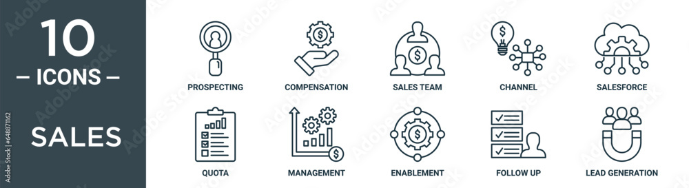 sales outline icon set includes thin line prospecting, compensation ...