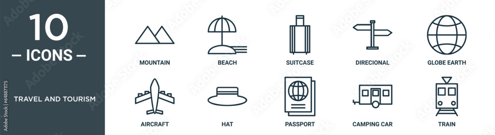 Vetor de travel and tourism outline icon set includes thin line ...