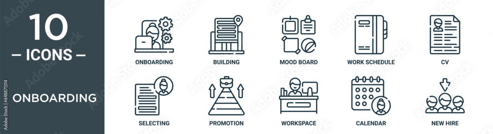 onboarding outline icon set includes thin line onboarding, building ...