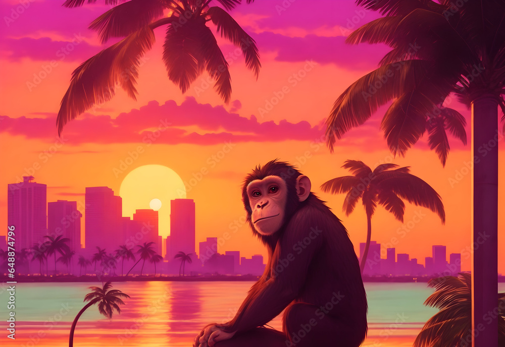 Monkey with beautiful sunset and coconut trees like vice city look ...