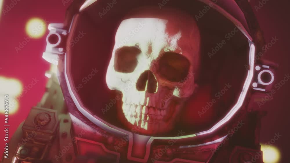 Dead astronaut. Human skull in the helmet of a space suit in spaceship ...