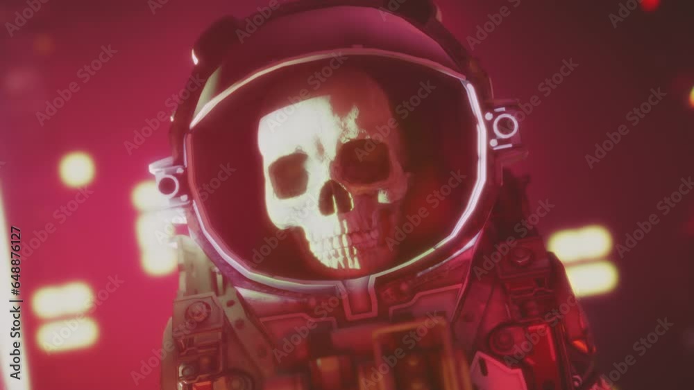 Dead astronaut. Human skull in the helmet of a space suit in spaceship ...