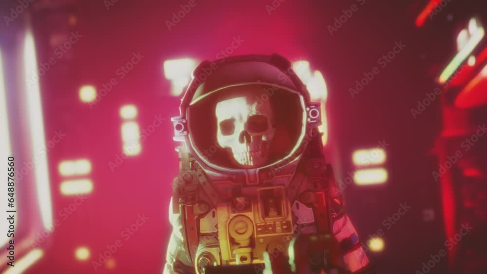 Dead astronaut. Human skull in the helmet of a space suit in spaceship ...
