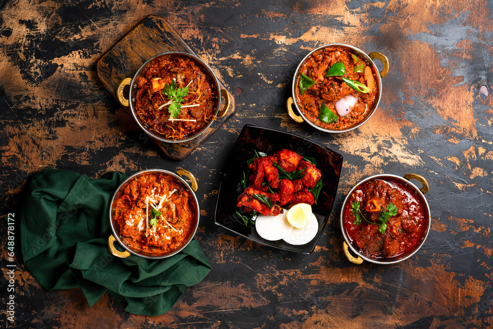 Assorted karahi food chicken karahi, mutton korma, beef qorma, lamb ...