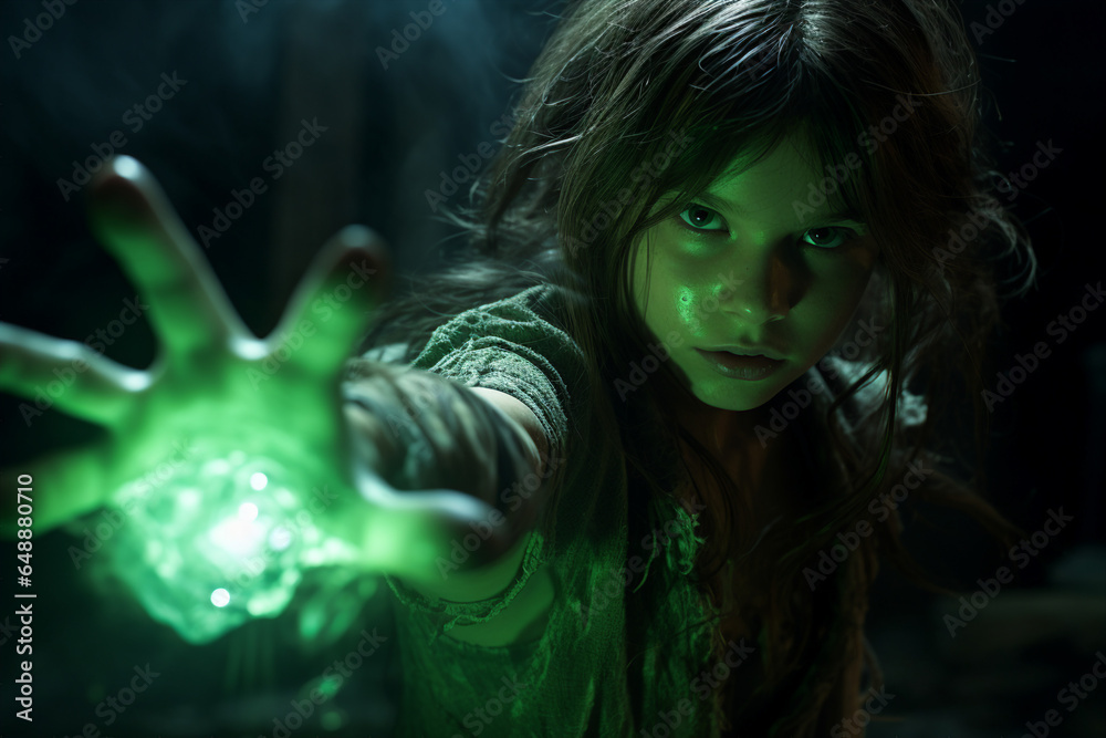 Foto de Young girl witch in magic school casting dark spell fantasy ...