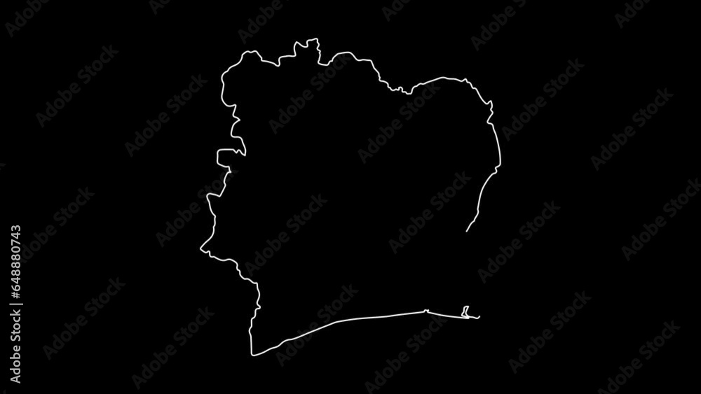 Cote Divoir map animation line. Black line animation letters drawing on ...