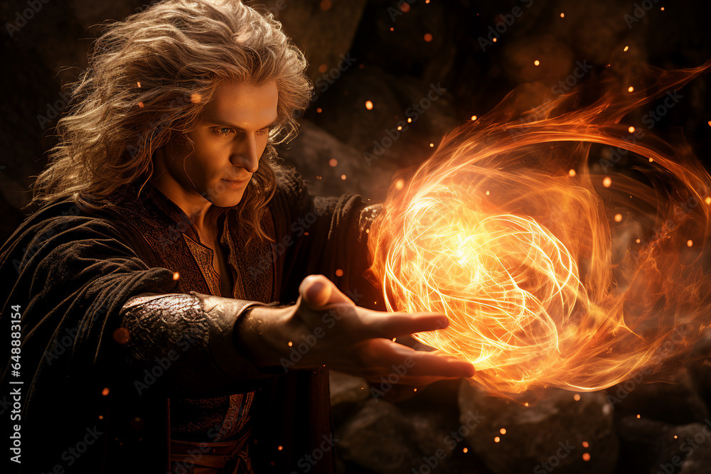 Generative ai collage photo of powerful warlock cast fire fiery spell ...