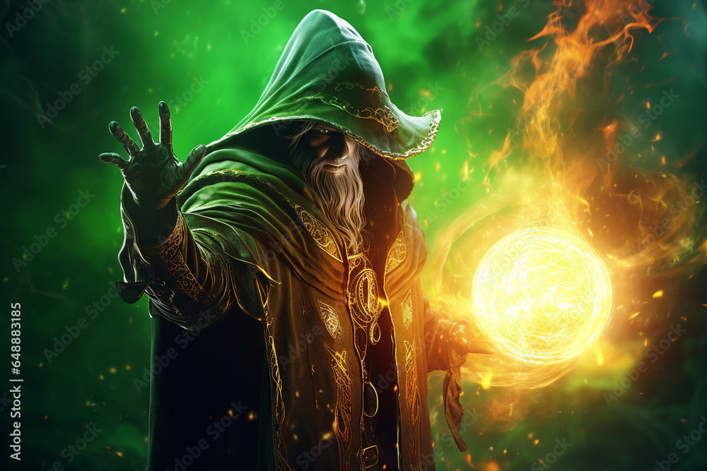 Generative ai collage picture of medieval wizard using dark magic fire ...