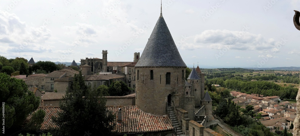 Panoramic view of the Cité de Carcassonne, medieval fortress and castle ...
