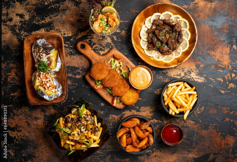 Junk fast food platter with beef liver, chicken shami kabab, veggies ...