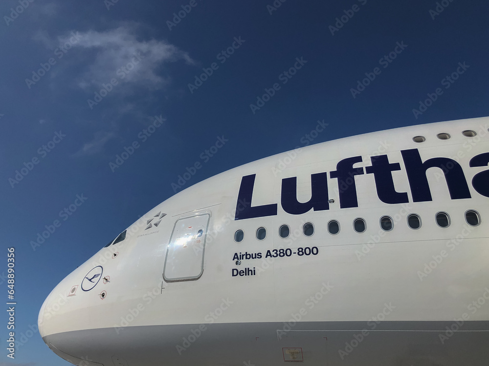 Lufthansa double decker jumbo Airbus A380 partial fuselage with windows ...