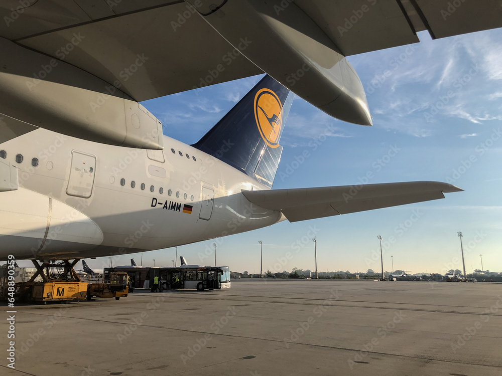 View of tail fin and parts of wing and fuselage of Lufthansa Airbus ...