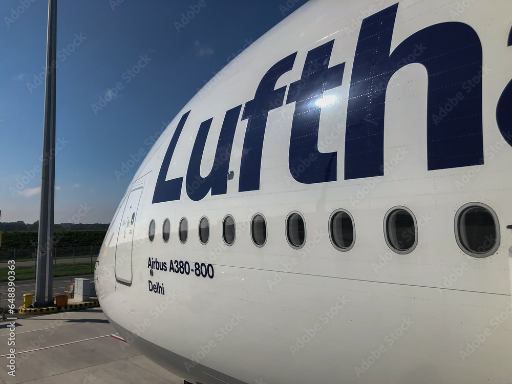 Lufthansa double decker Airbus A380 partial fuselage with windows and ...