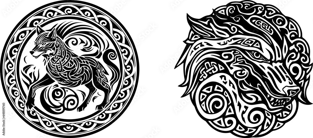 Fenrir of mythology tattoo hand draw vector. Black wolf pattern vector ...