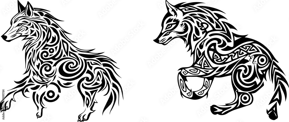 Fenrir of mythology tattoo hand draw vector. Black wolf pattern vector ...