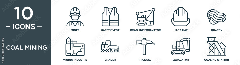 Stockvector coal mining outline icon set includes thin line miner ...