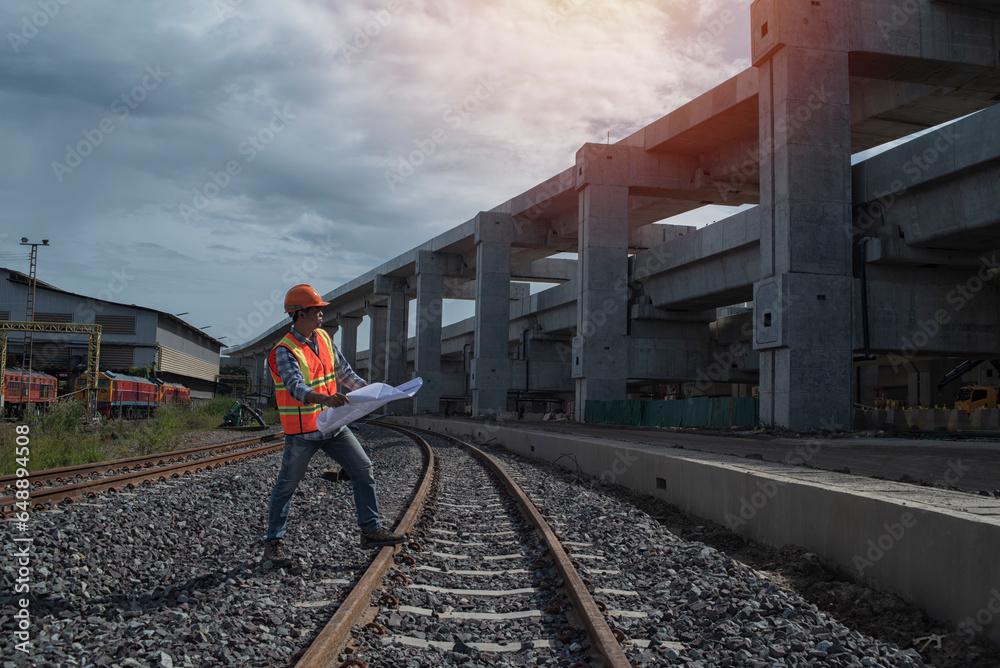 engineer on railway. work hand hold drawing on railway. construction ...