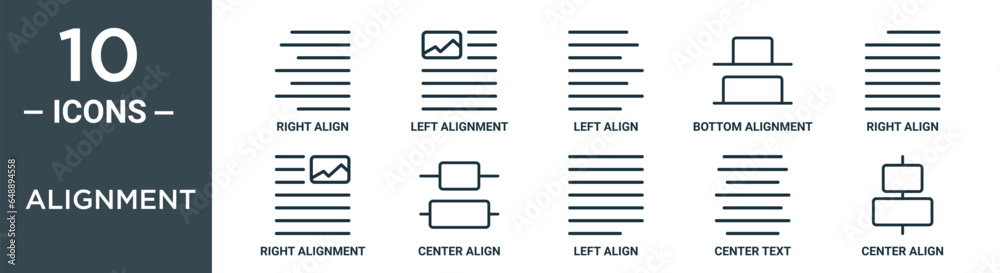 alignment outline icon set includes thin line right align, left alignment, left align, bottom ...