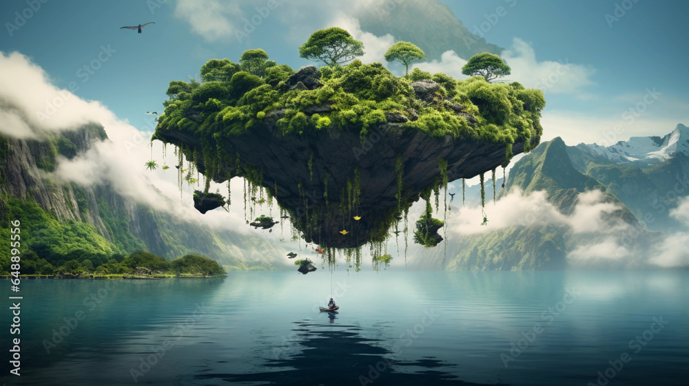 a captivating photo showcasing a floating island, with vibrant flora ...