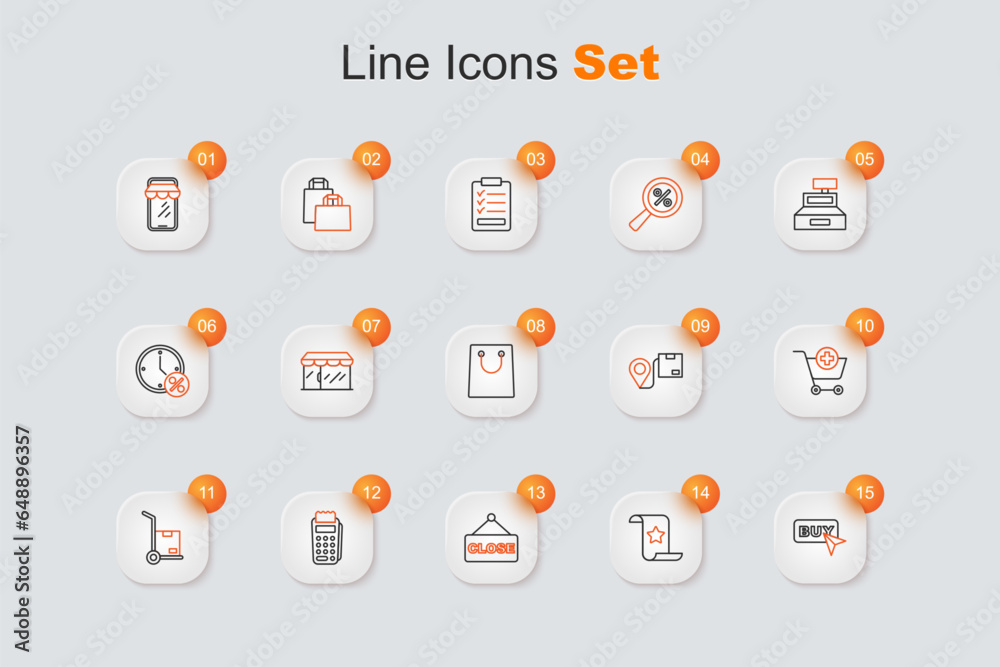 Set line Buy button, Paper check and financial check, Hanging sign with ...