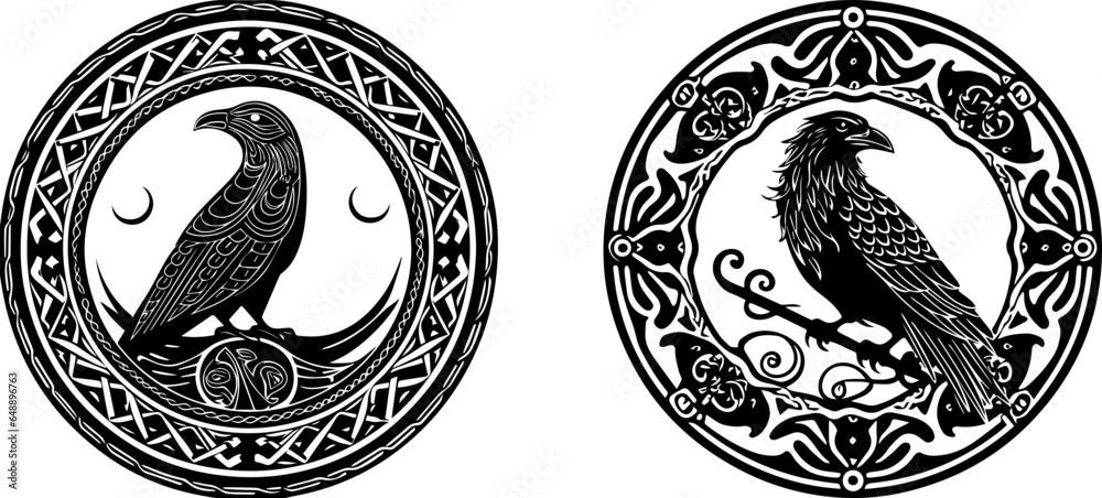 Ravens Pattern Tattoo Hand Draw Vector. Mythology Raven Of Viking ...