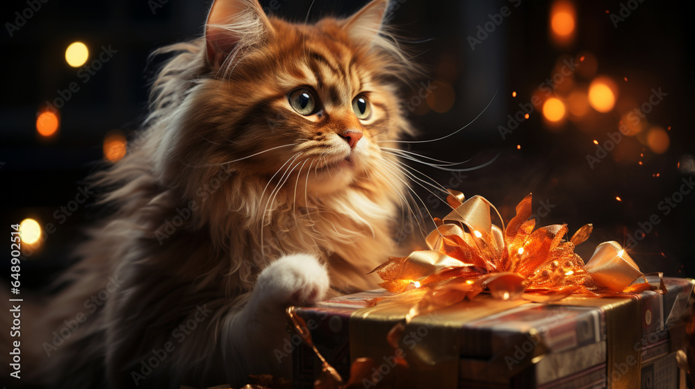 Red tabby Norwegian Forest cat with a wrapped gift on Boxing Day, Merry ...