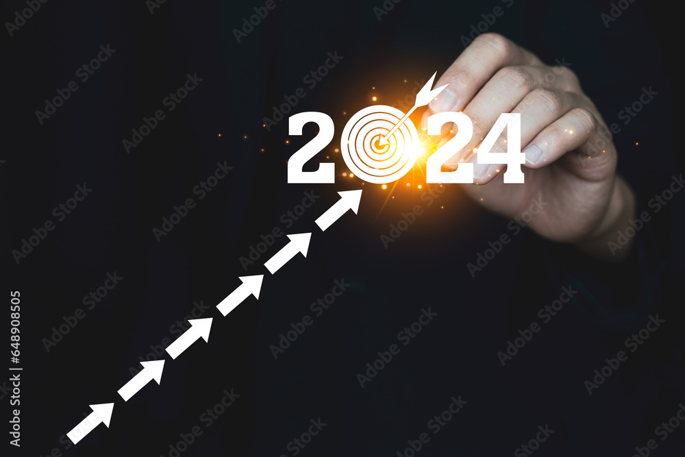 Happy new year 2024, People touch 2024 on visual screen. New Goals ...