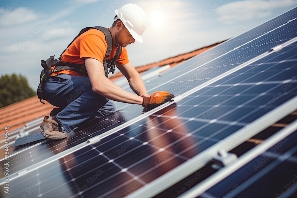 The process of installing solar panels on the roof of a small house ...