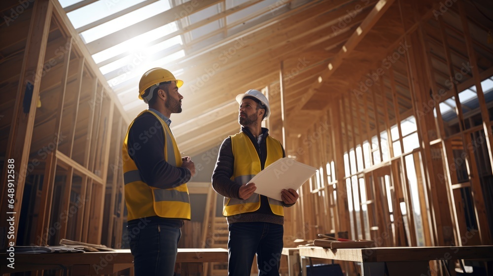 Architect construction supervision visiting construction site of wooden ...
