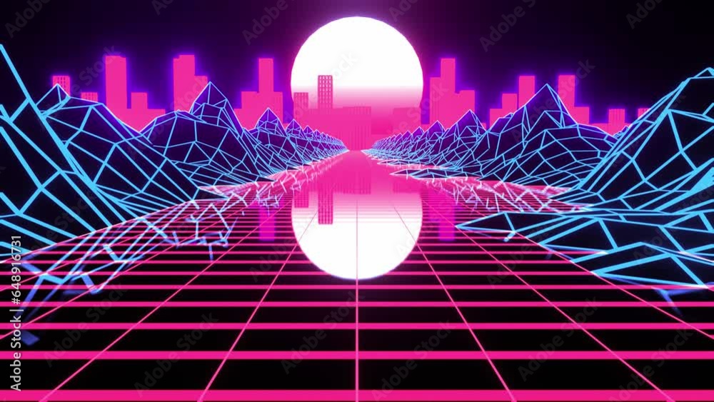 Seamless loop retro 1980s animation flying through the rocks to the sun ...