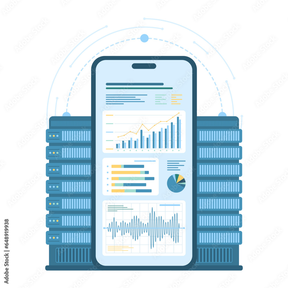 Business data monitoring with mobile app vector illustration. Cartoon ...