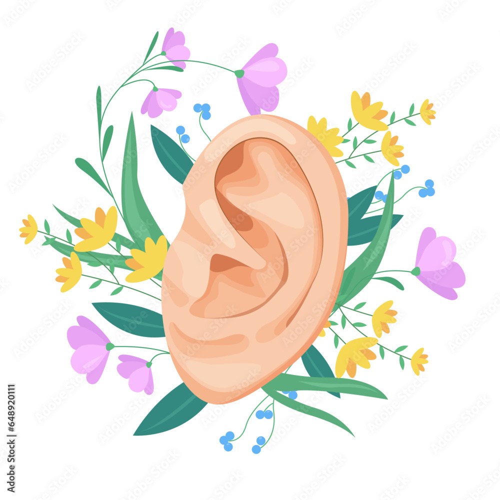 Cute human ear with garden flowers branch and plants vector ...