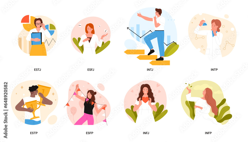 Mbti Testing Socionics Types Set Vector Illustration Cartoon Isolated Characters With