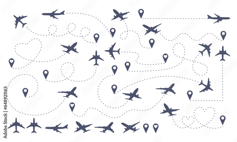 Route path. Airplane traffic. Dotted line track and map pins. Plane ...