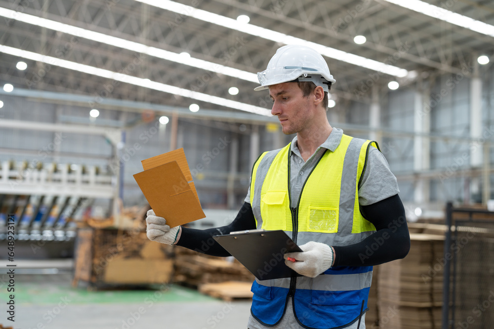 Male engineer holding carton sheets checking quality product in paper ...
